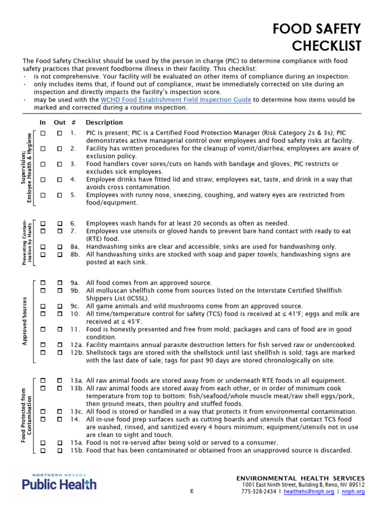 Food Safety Checklist 1 | PDF | Food Safety | Hand Washing