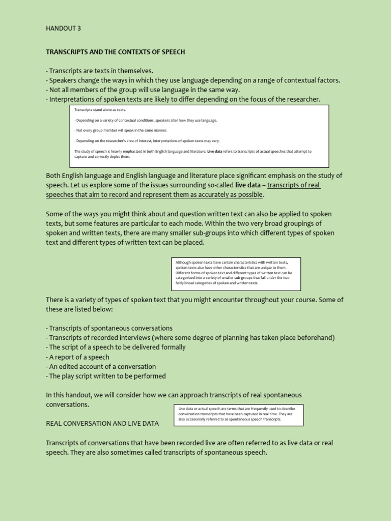 Analyzing Transcripts of Spoken Texts | PDF | Communication | Conversation