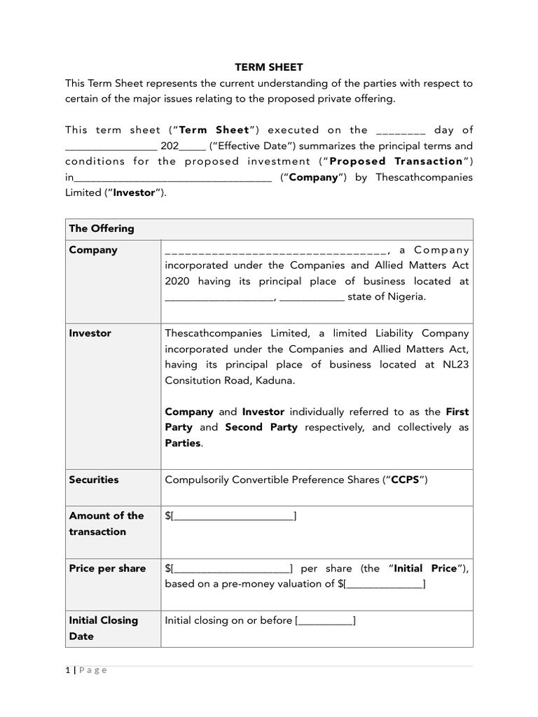 Term Sheet | PDF | Stocks | Equity (Finance)