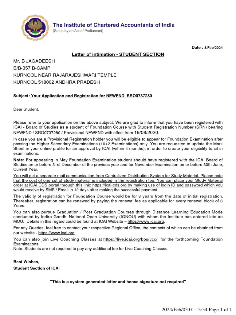 Letter of Intimation - STUDENT SECTION | PDF | Finance & Money Management