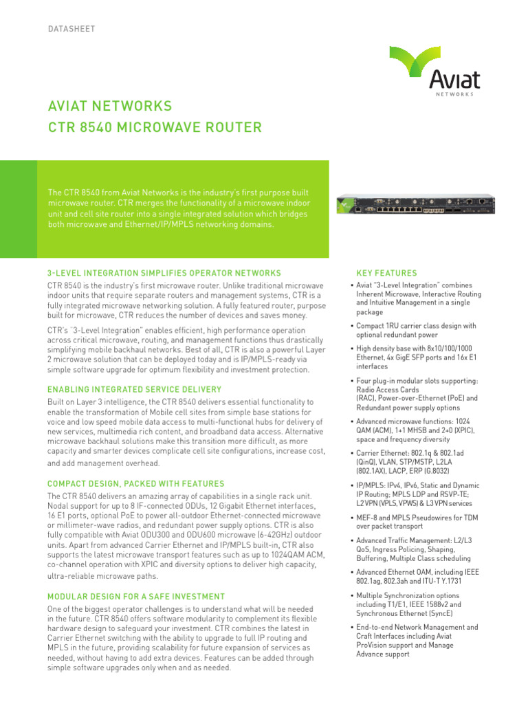 Aviat CTR 8540 Data Sheet | PDF | Networking | Multiprotocol Label ...