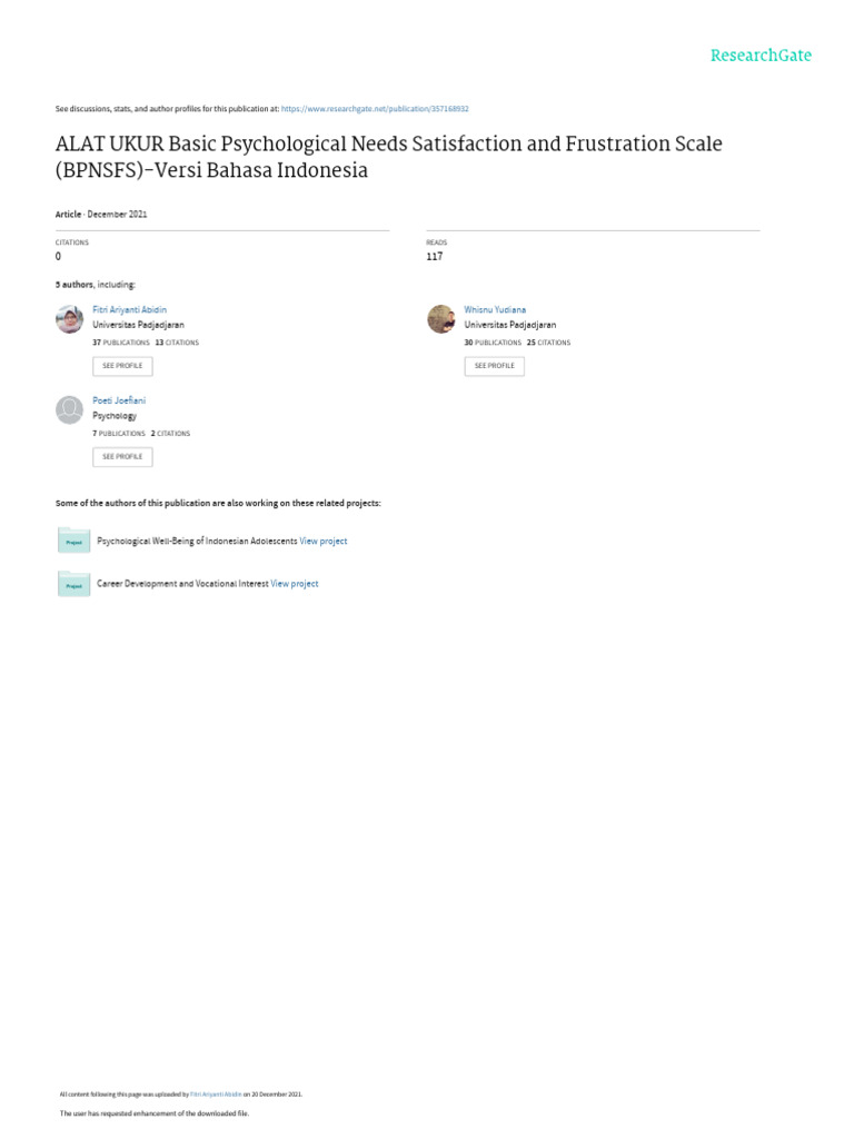 Basic Psychological Needsand Frustration Scale Versi Bahasa Indonesia | PDF