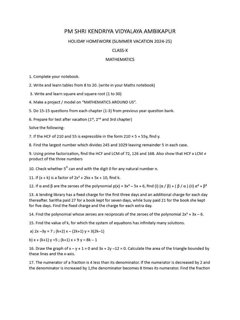 Summer Holiday Homework Class 10 Maths 2024 - 25 | PDF | Art