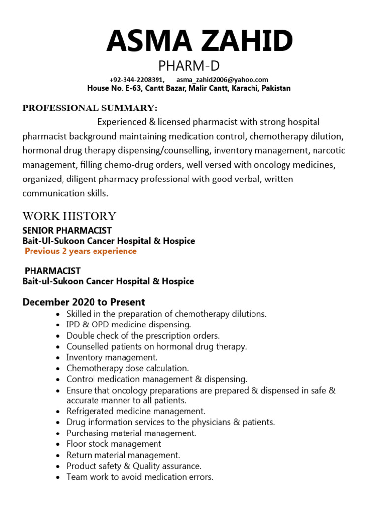 ASMA ZAHID Pharm D CV 2 | PDF | Pharmacy | Pharmacist