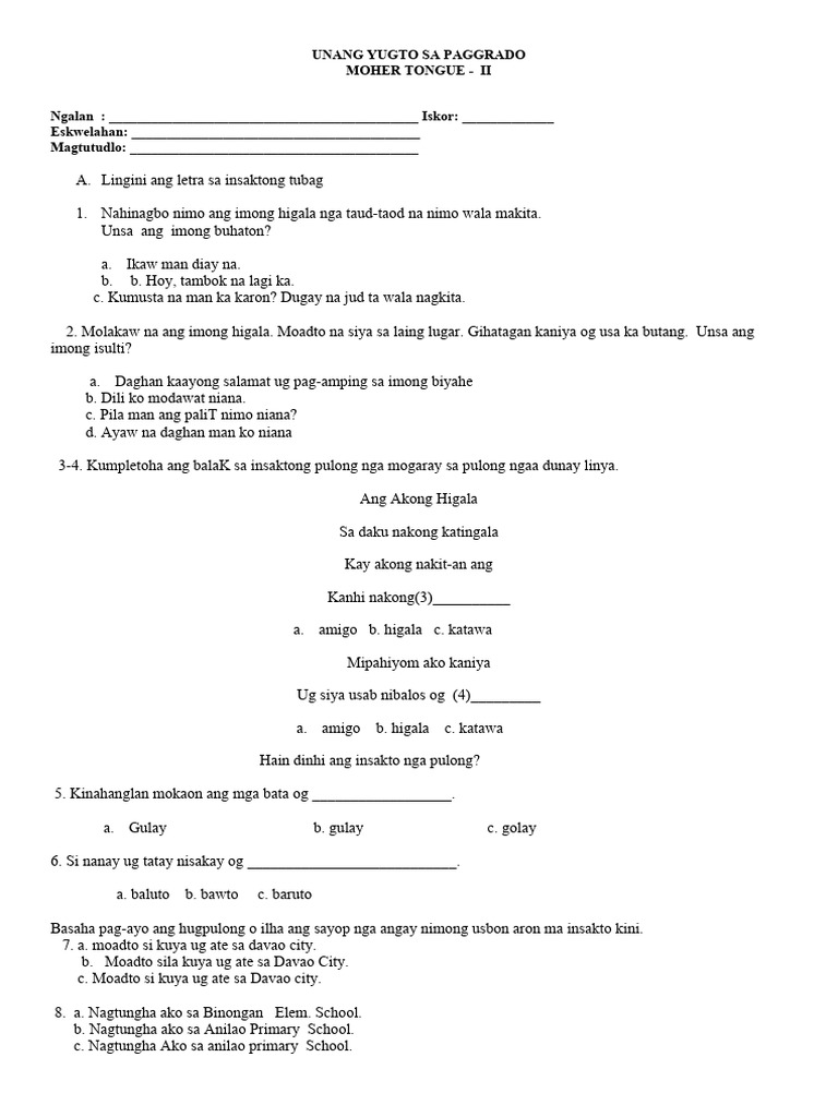Test Papers MTB and Filipino - 013340 | PDF