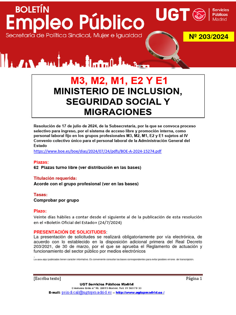203-24 Boletin Empleo Publico Grupos m3, m2, m1, E2 y E1 Ministerio de Inclusion, Seguridad ...