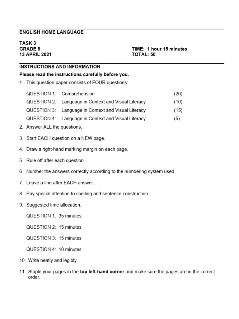 Grade 8 English Home Language Task | PDF | Reading Comprehension | Literacy
