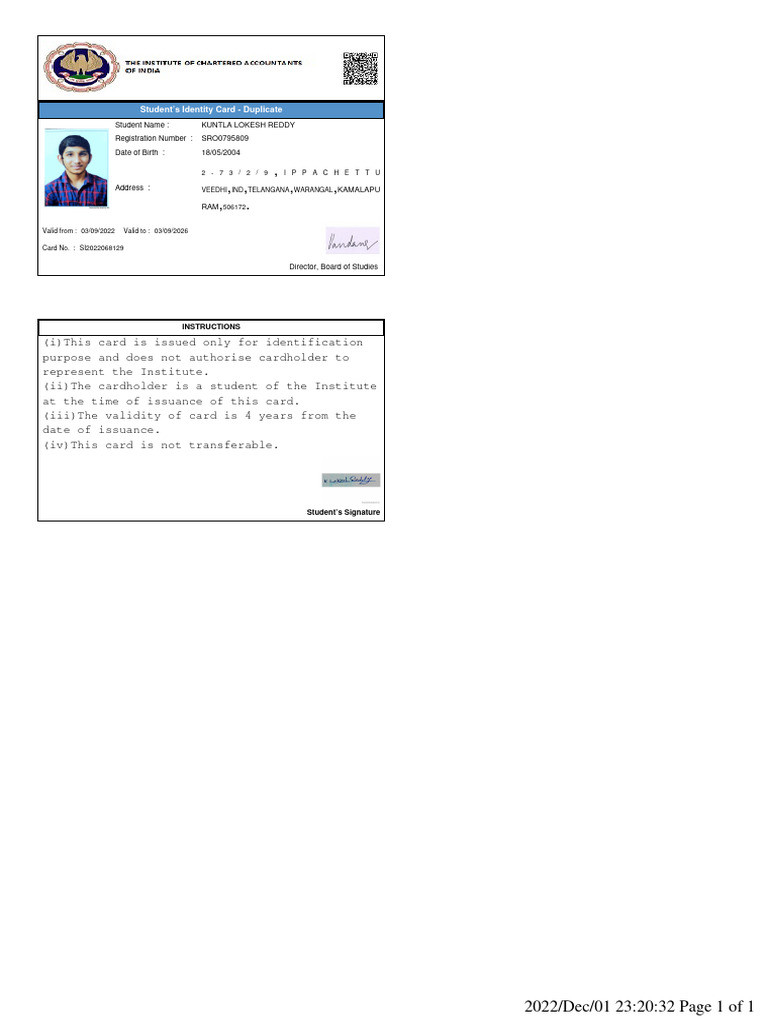 Student ID Card Details - Kuntla Lokesh Reddy | PDF