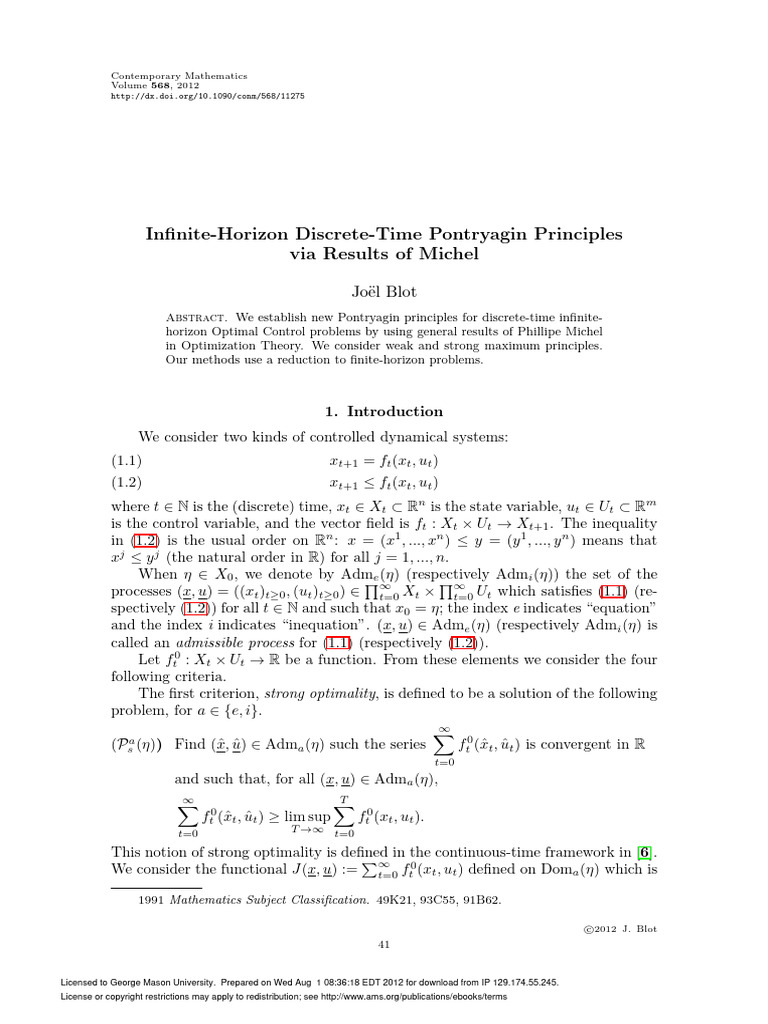 Infinite-Horizon Discrete-Time Pontryagin Principles Via Results of Michel | PDF | Vector Space ...