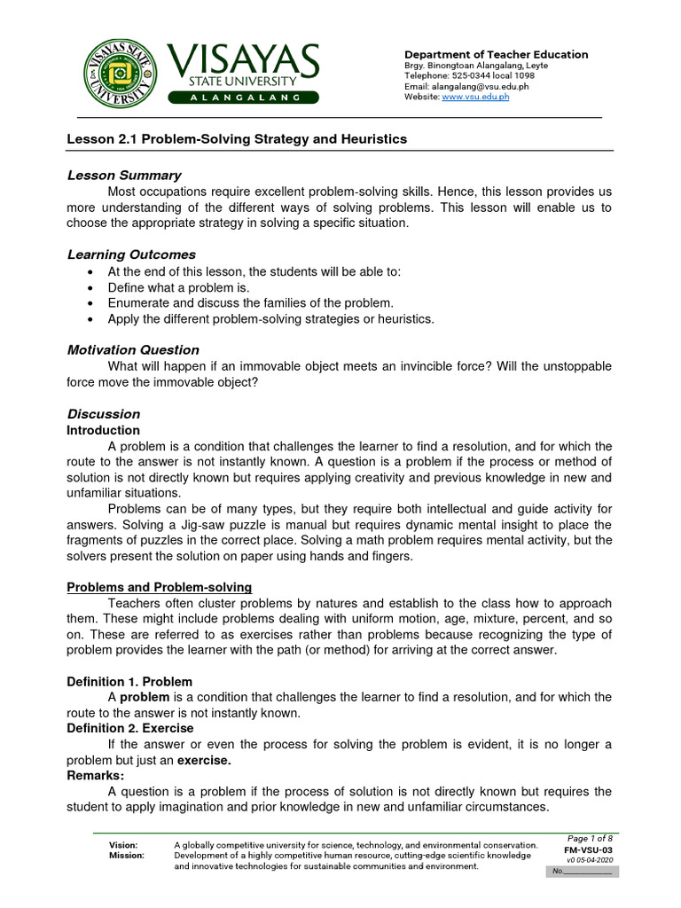 Lesson 2.1 Problem Solving and Heuristics | PDF | Learning | Cognition