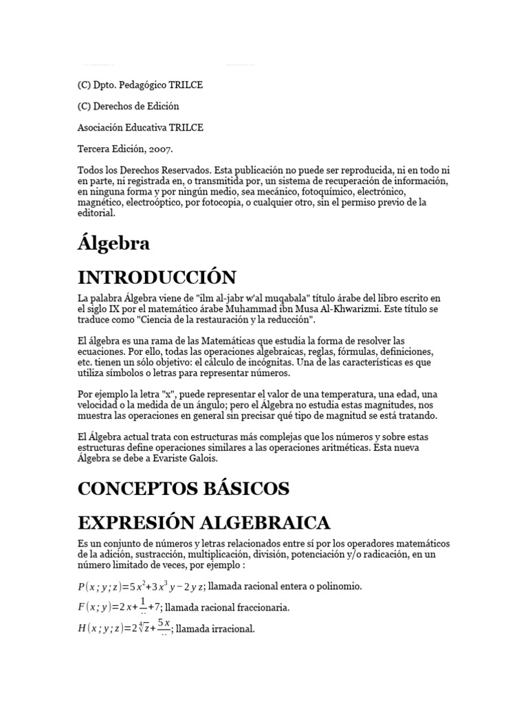 Introducción al Álgebra TRILCE | PDF | Álgebra | Raíz cuadrada