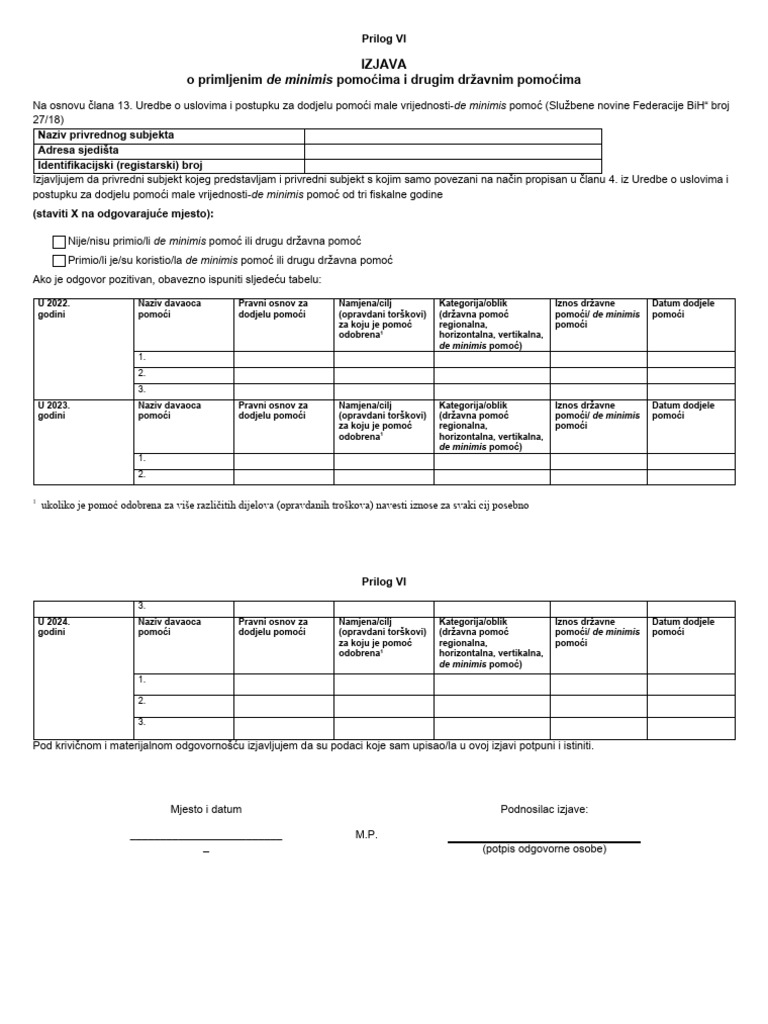 Prilog 7. Izjava-O-Primljenim-De-Minimis-Pomocima-I-Drugim-Drzavnim-Pomocima | PDF