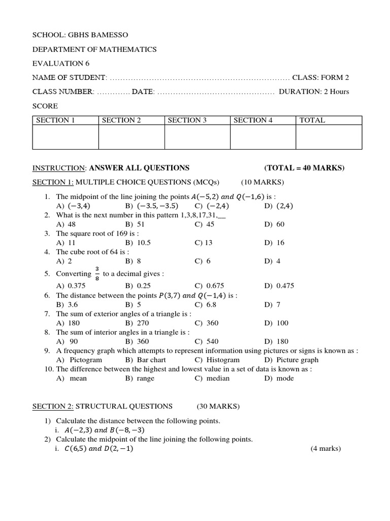 Form 2 Mathematics, Evaluation 6 | PDF | Triangle | Mathematics