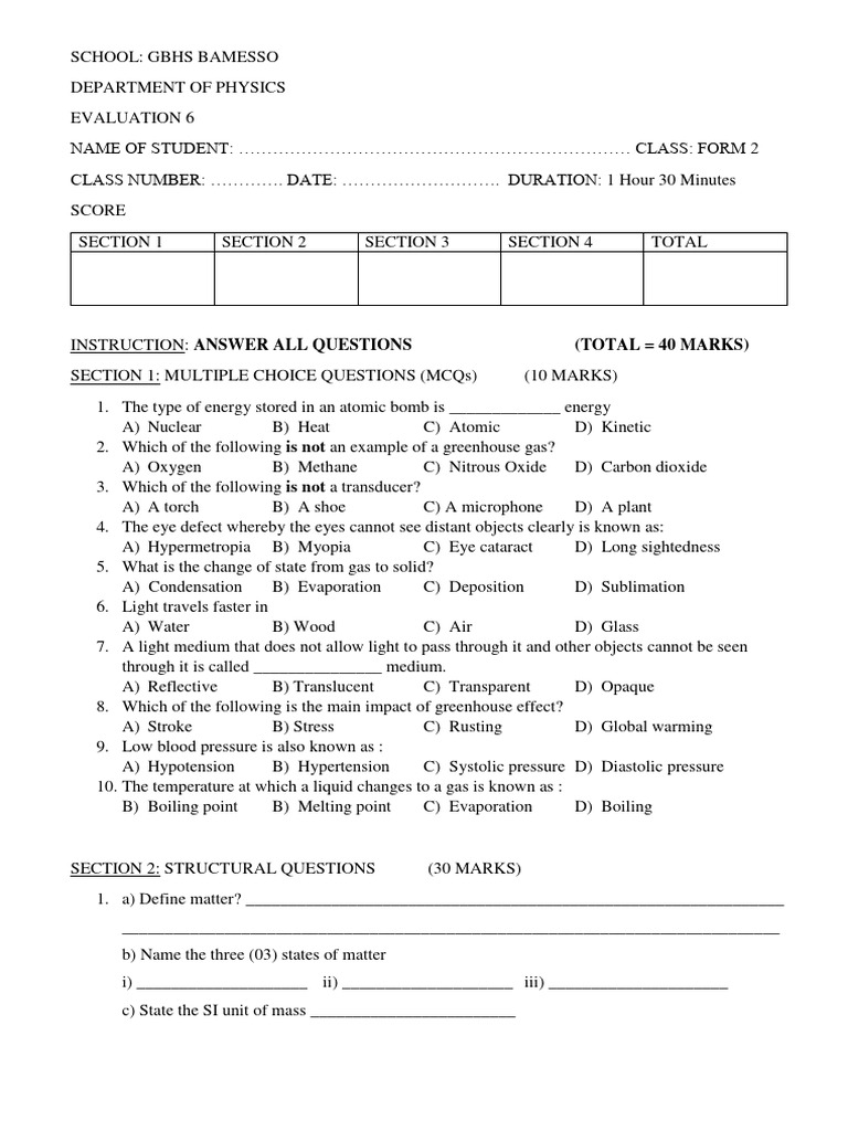 Form 2 Physics, Evaluation 6 | PDF | Force | Pressure