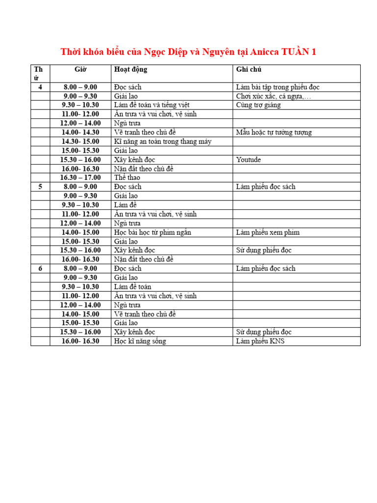 Thời Khóa Biểu Của Ngọc Diệp Và Nguyên Tại Anicca TUẦN 1 | PDF