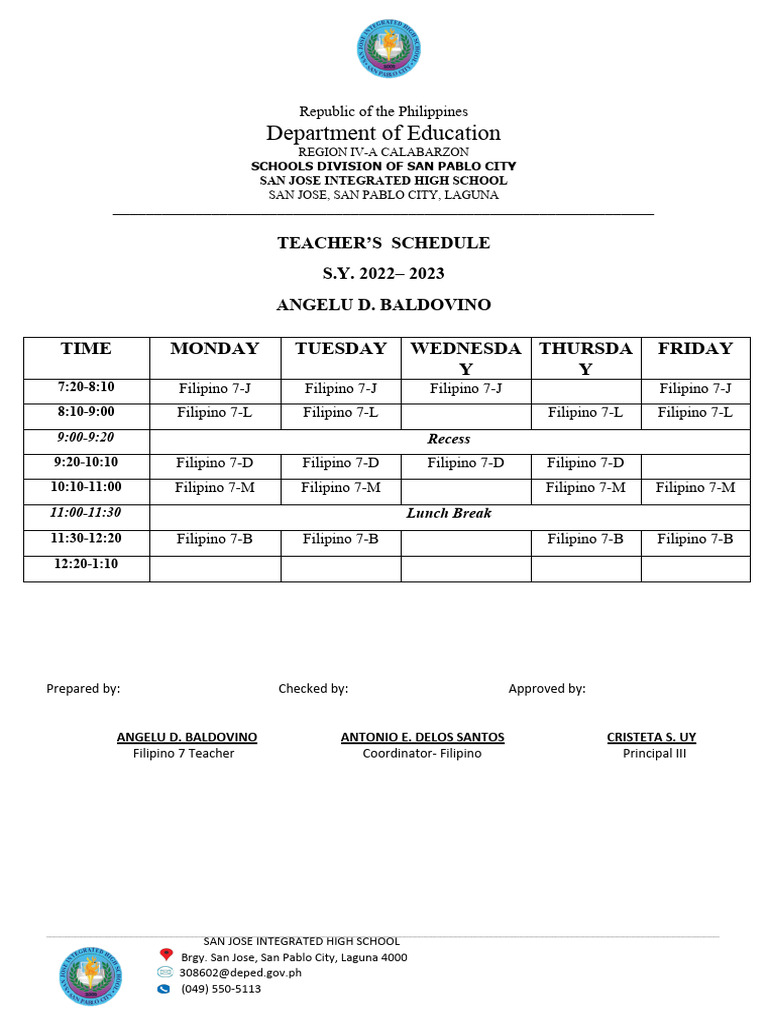Baldovino, Angelu D. - NEW TEACHER'S SCHED (Whole Day) 2022-2023 (EDITED VERSION) | PDF ...