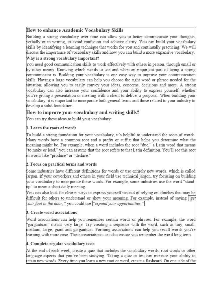 Academic Vocabulary Skills Notes | PDF | Vocabulary | Communication