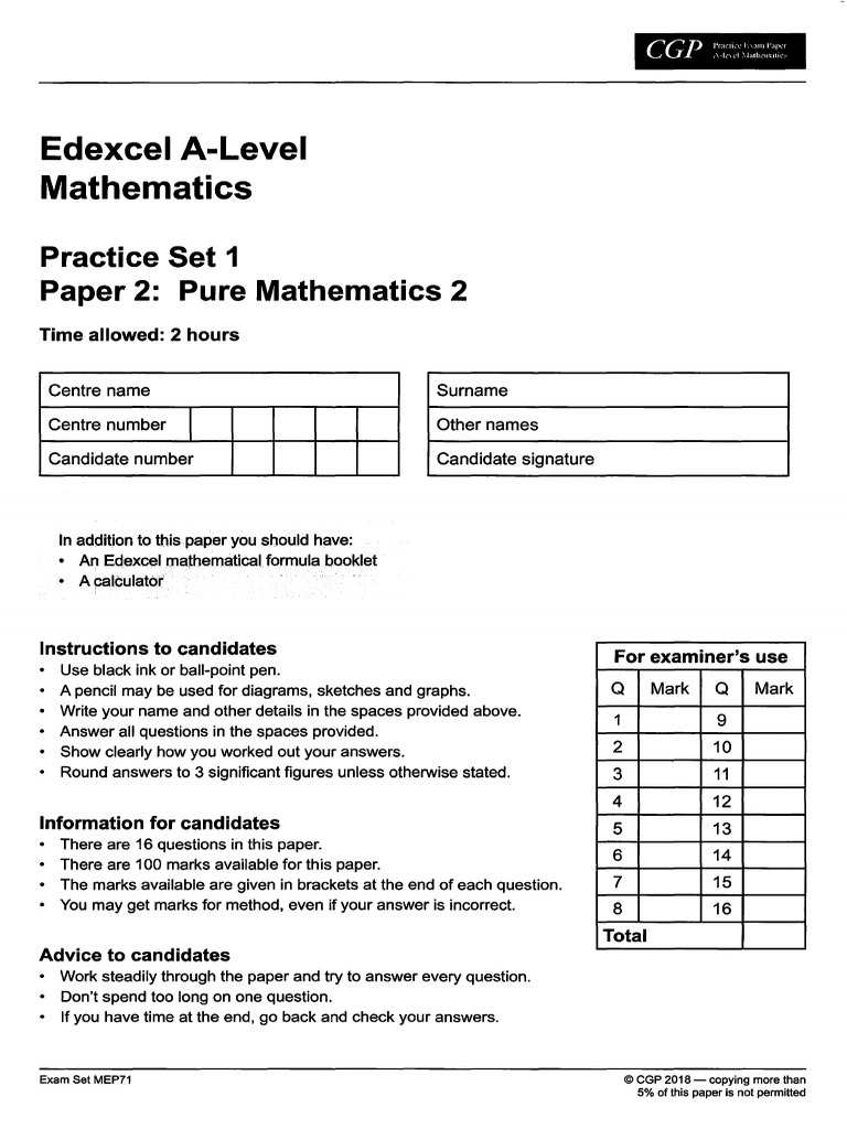 CGP Practice Set 1 Mathematics A Level Paper 2 Pure Mathematics 2 ...