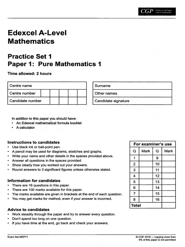 CGP Practice Set 1 Mathematics A Level Paper 1 Pure Mathematics 1 Question Paper | PDF