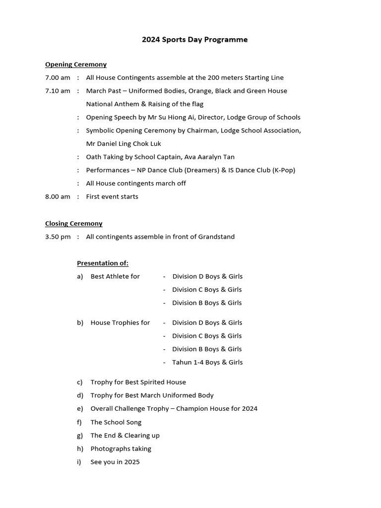 2024 Sports Day Programme (FULL) | PDF | Track And Field | Olympic Sports
