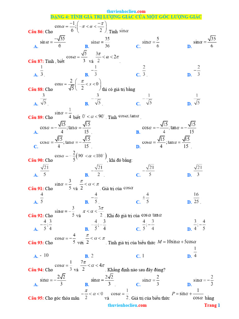 Toan 11 Dang 4 TINH GIA TRI LUONG GIAC CUA MOT GOC LUONG GIAC | PDF