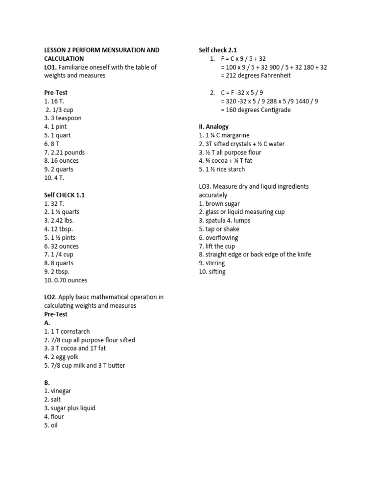 LESSON 2 PERFORM MENSURATION AND CALCULATION-answer Key | PDF