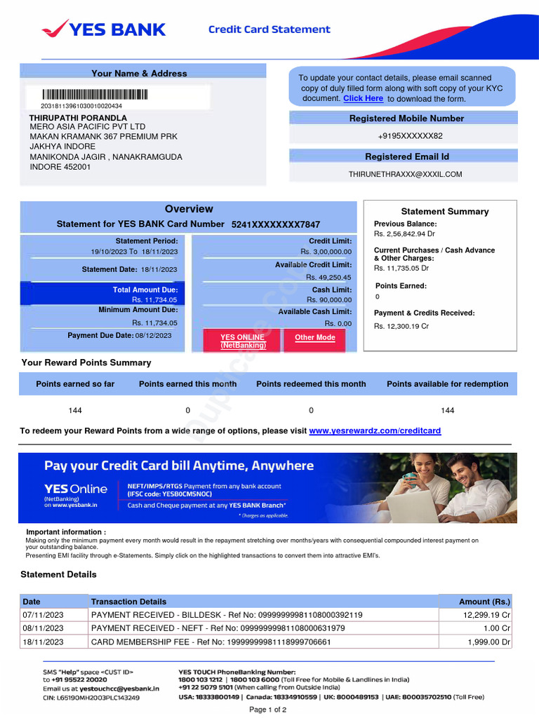 YES Bank Credit Card Statement | PDF | Credit Card | Service Industries