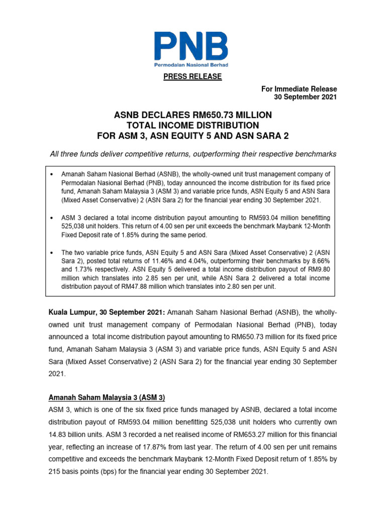 PR - Income Distribution For ASM 3 ASN Equity | PDF | Investing | Dividend