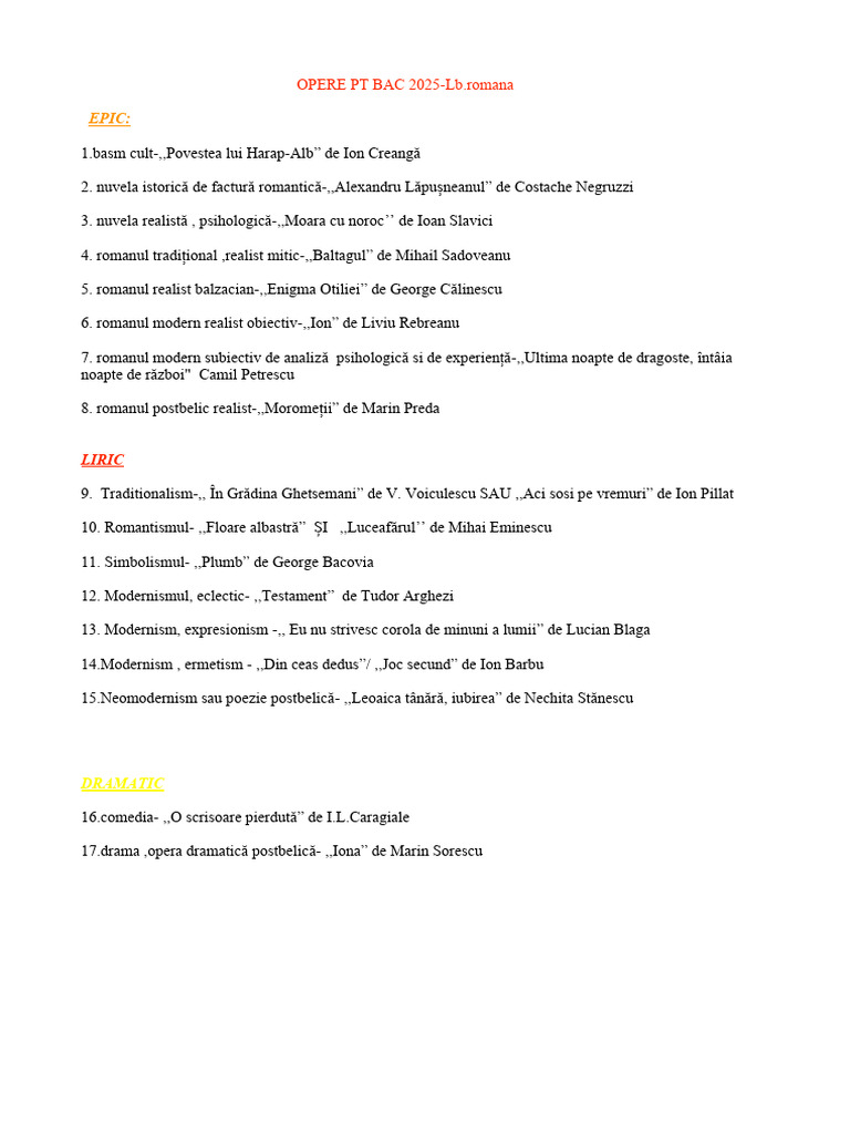 Opere Bac 2025 Bibliografie. 2 | PDF
