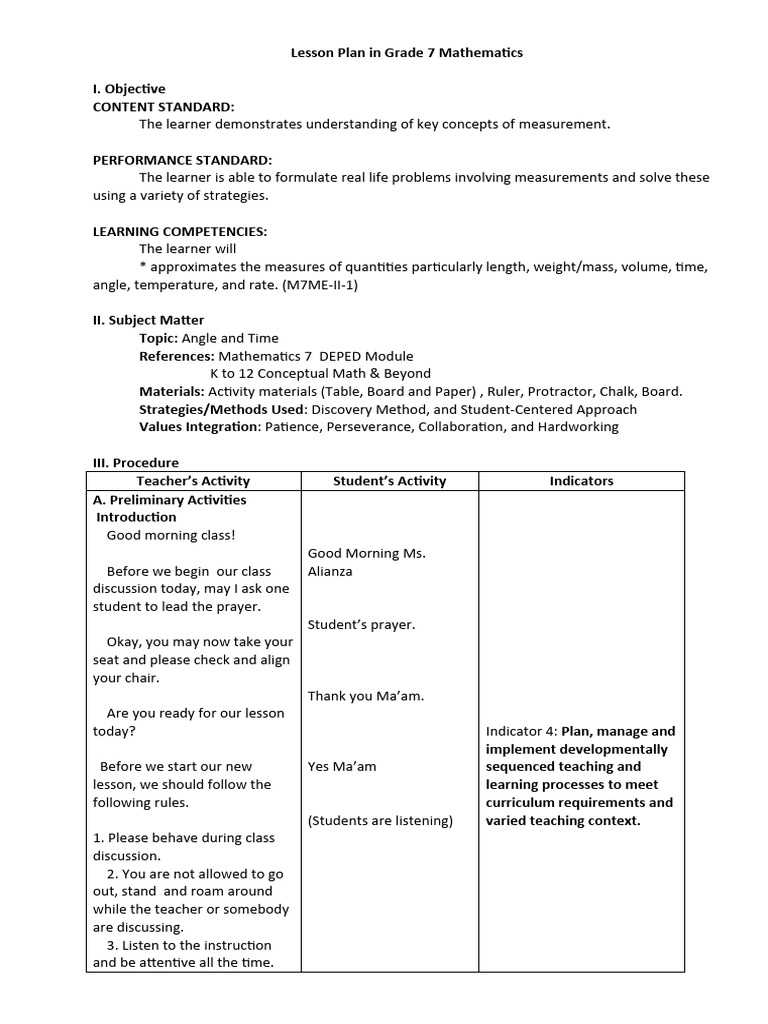 Lesson Plan in Grade 7 Mathematics 2 - Angle and Time | PDF ...