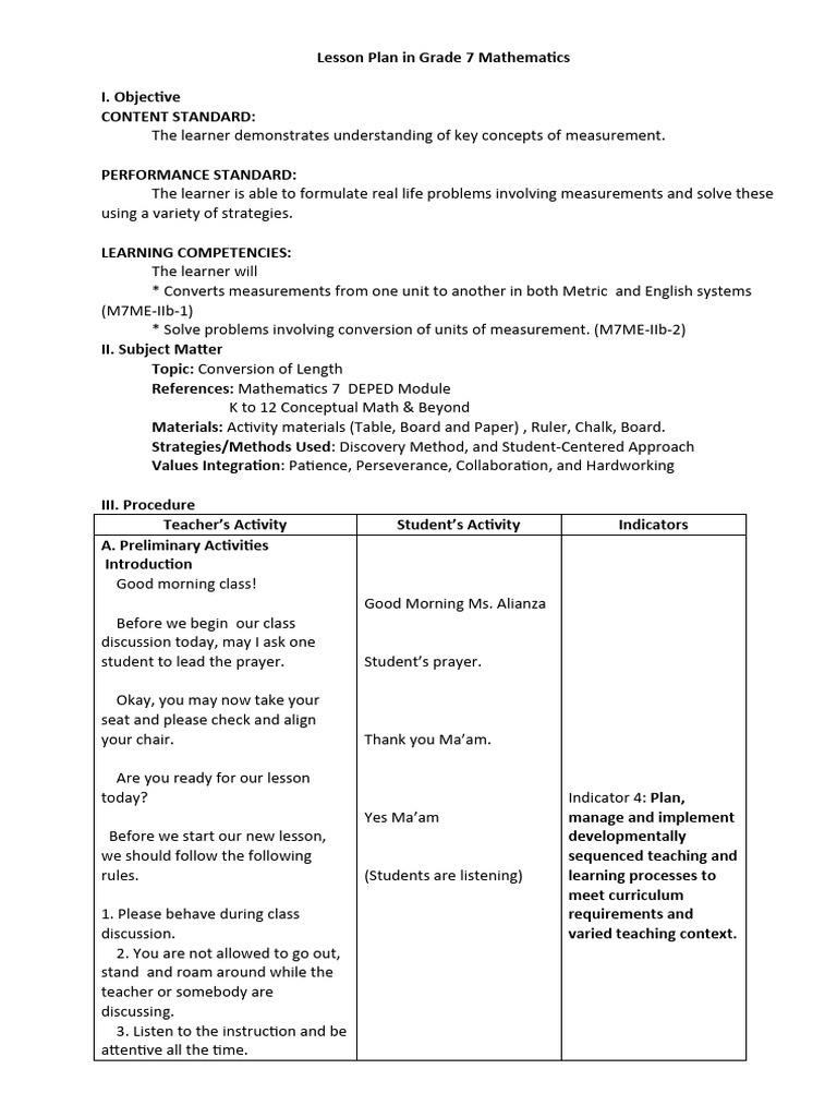 Lesson Plan in Grade 7 Mathematics 3 - Conversion of Length | PDF ...