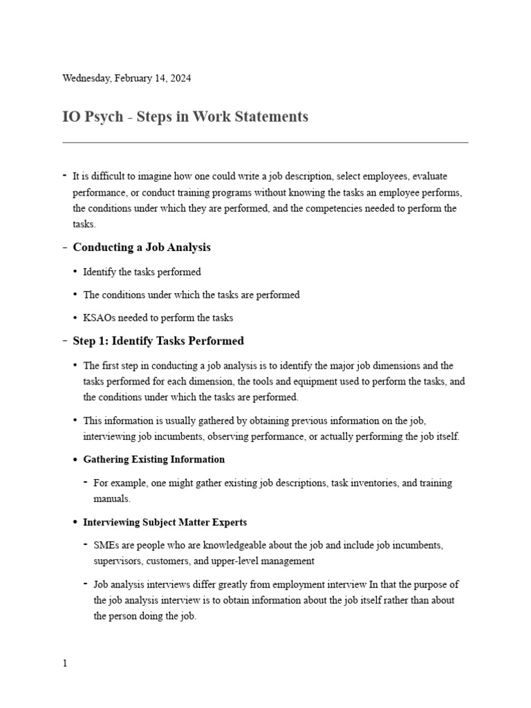 IO Psych Steps in Work Statements | PDF | Psychology | Cognition