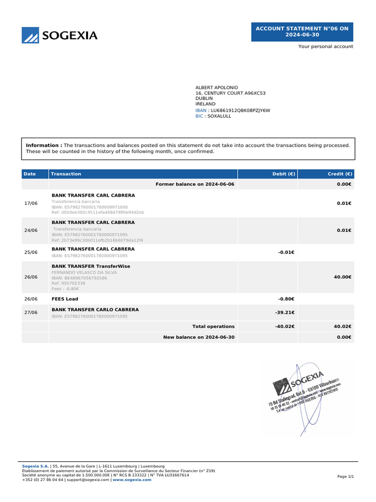 Statement 2024 06 | PDF | Wire Transfer | Banks