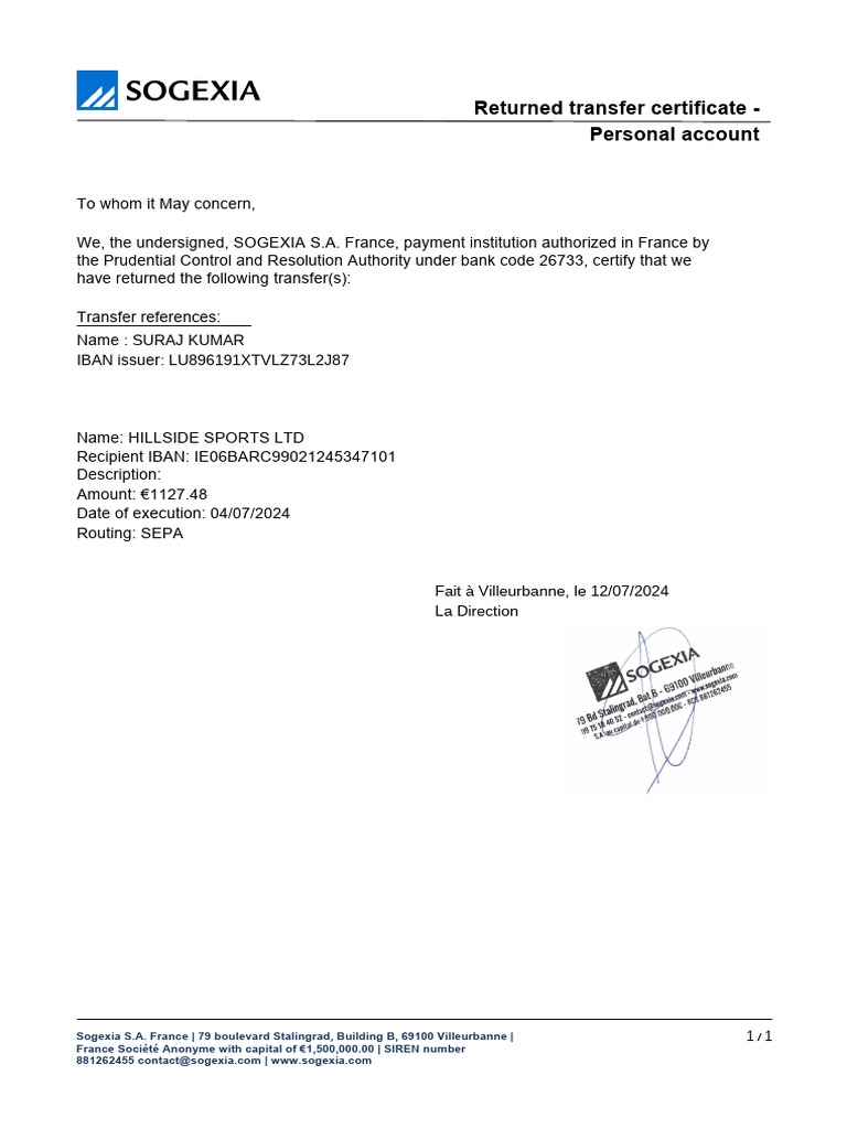 Returned Transfer Certificate SOGEXIA | PDF