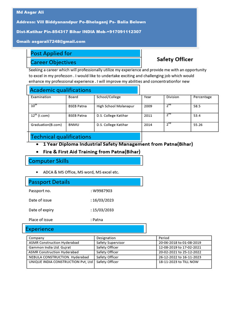Safety Officer Resume | PDF | Occupational Safety And Health | Hazards