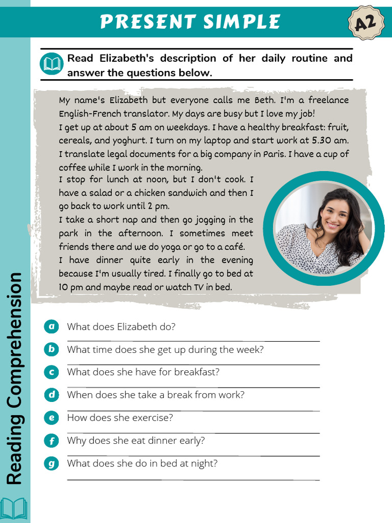 Present Simple Reading Comprehension A2 Printable Worksheet | PDF | Lunch | Foods