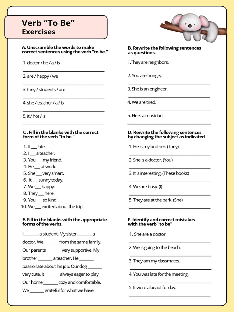 Verb To Be Exercise Worksheet Yellow Cute Simple Style | PDF | Language ...