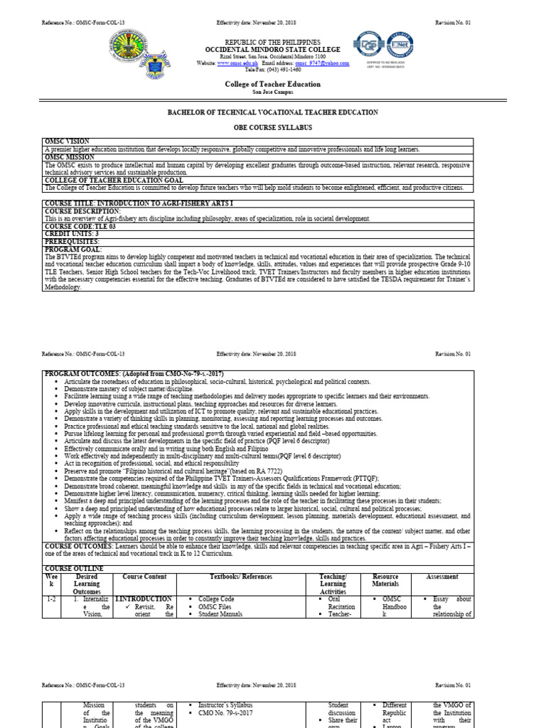 OBE Syllabus AgriFishery | PDF | Learning | Curriculum