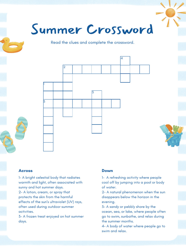 Summer Crossword Worksheet in White and Blue Hand Drawn Style | PDF ...
