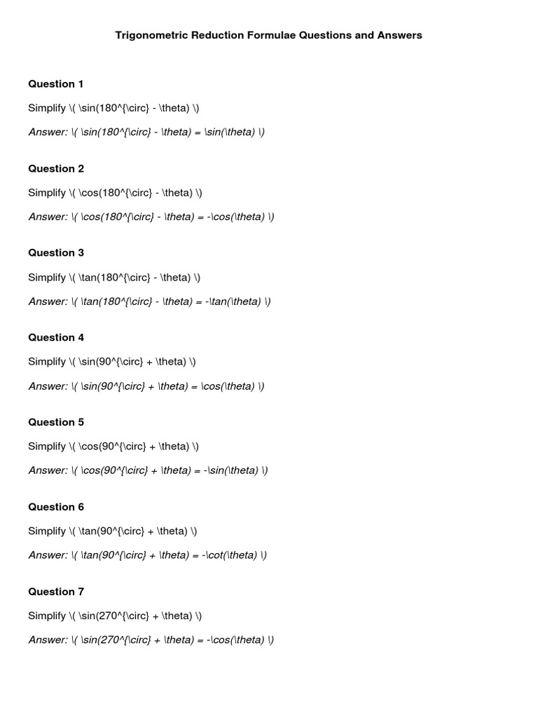 Improved Trigonometric Reduction Formulae Questions Pdf Complex Analysis Trigonometry