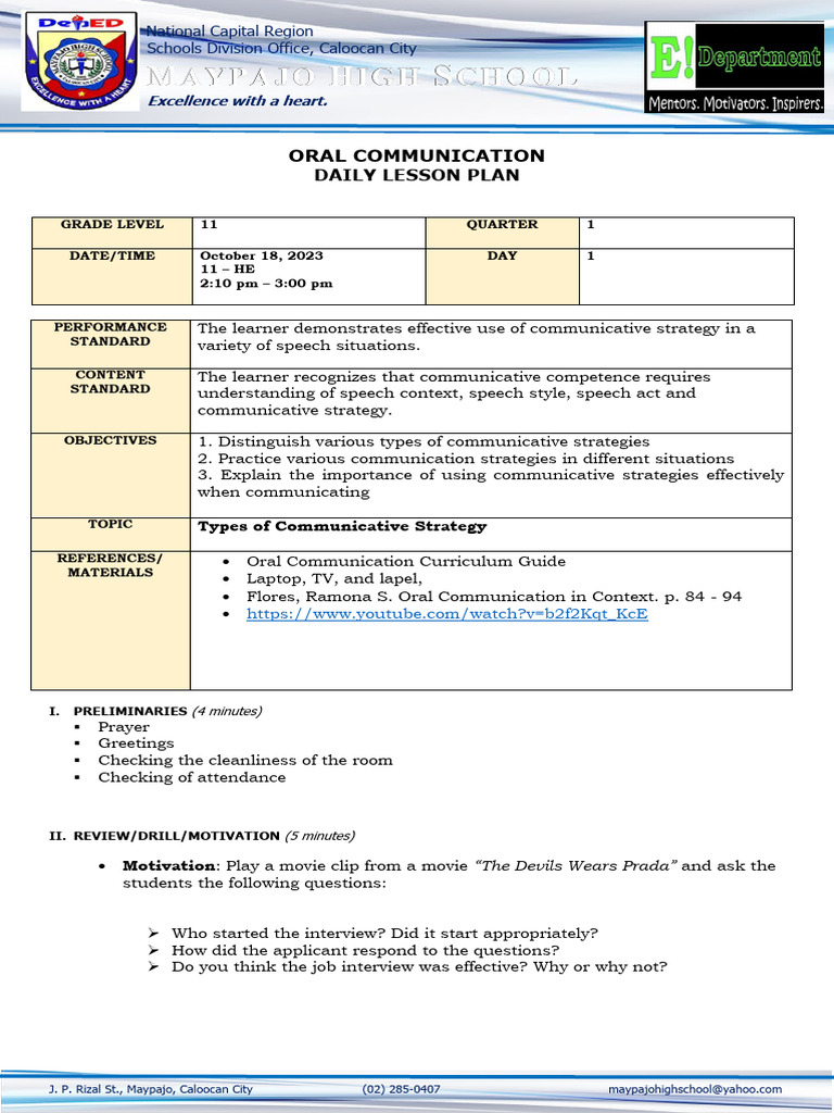 Cot 1 Lesson Plan Comminucative Strategy | PDF | Human Communication | Learning