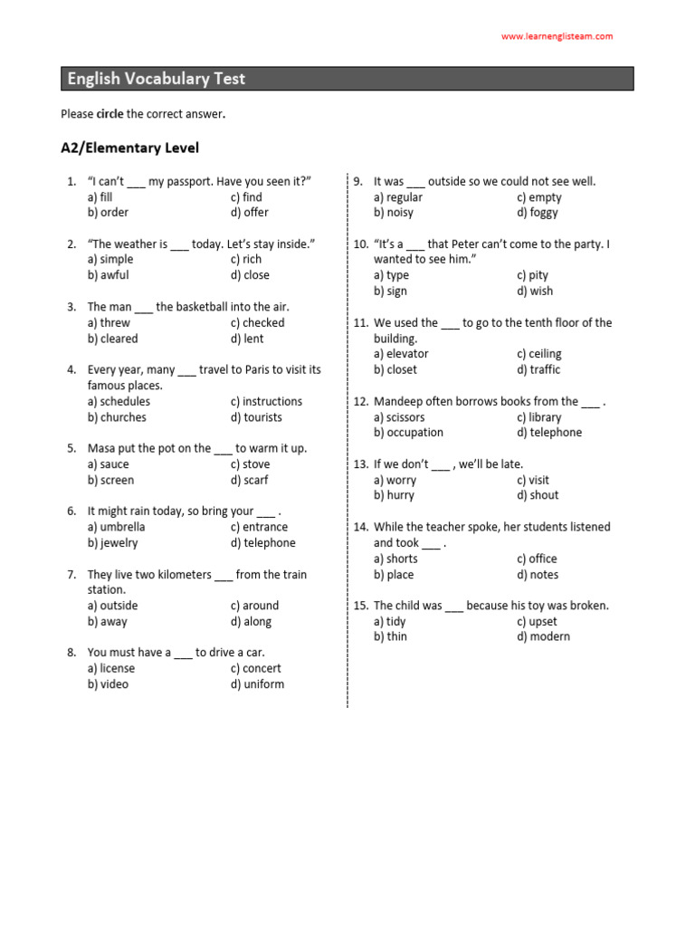 A2 English Vocabulary Test | PDF