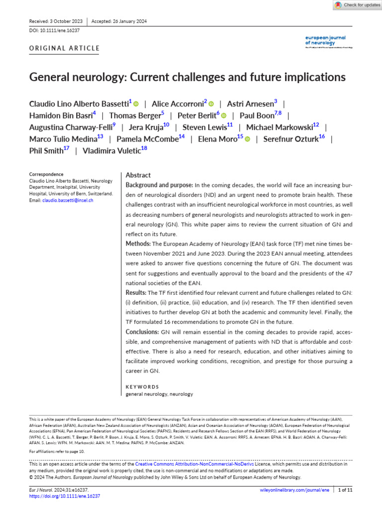 Euro J of Neurology - 2024 - Bassetti - General Neurology Current ...