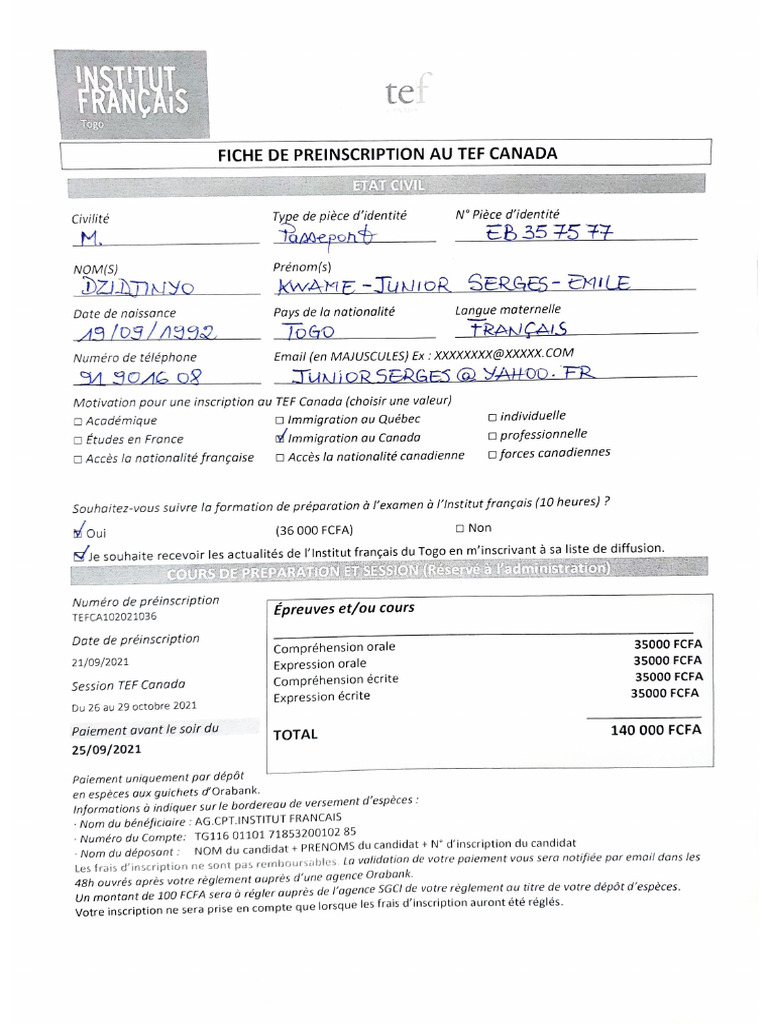 Inscription TEF | PDF