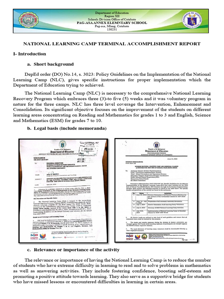 NLC Terminal Accomplishment Report | PDF | Learning | Cognition