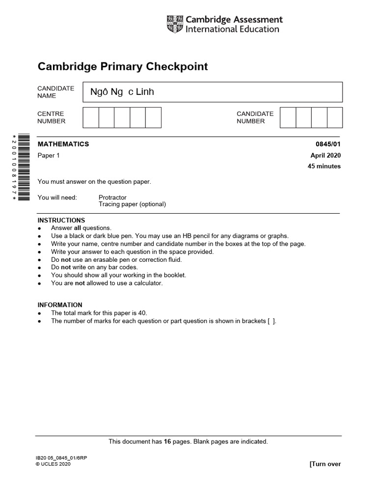 Cambridge Primary Checkpoint - Mathematics (0845) April 2020 Paper 1 ...