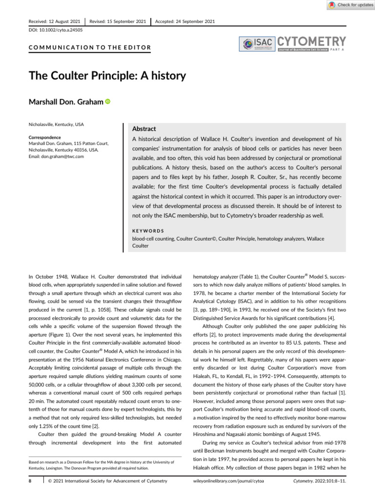 The Coulter Principle A History | PDF | Tissue (Biology) | Blood