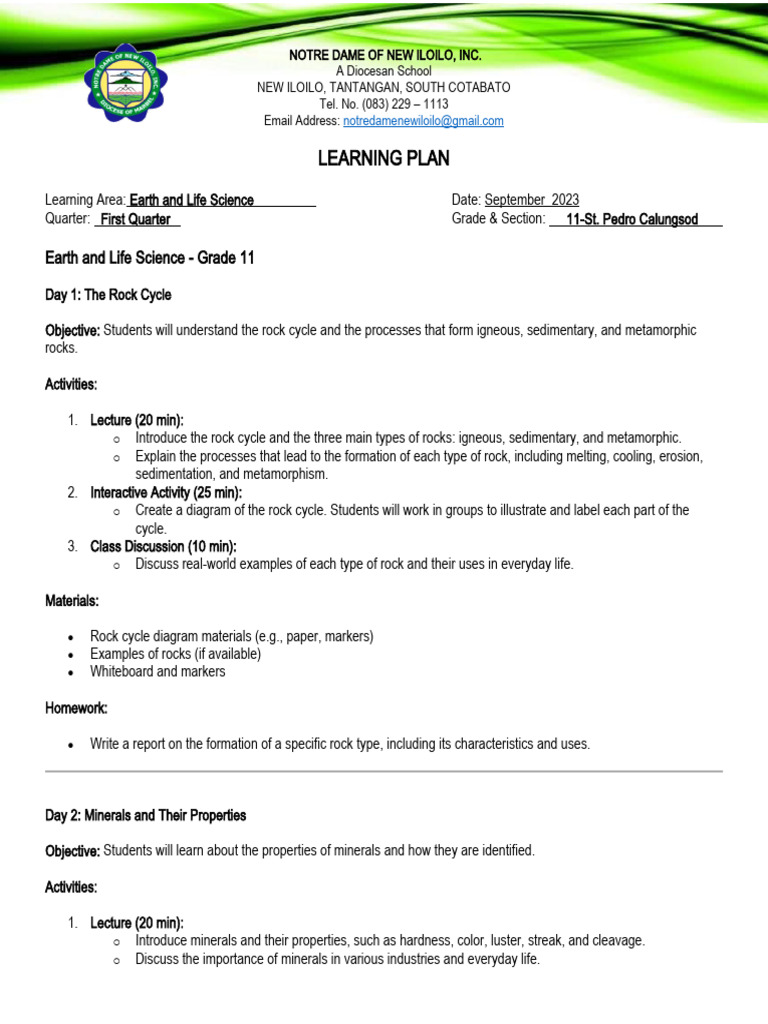 Grade 11 Earth and Life Science Plan | PDF | Rock (Geology) | Geologic ...