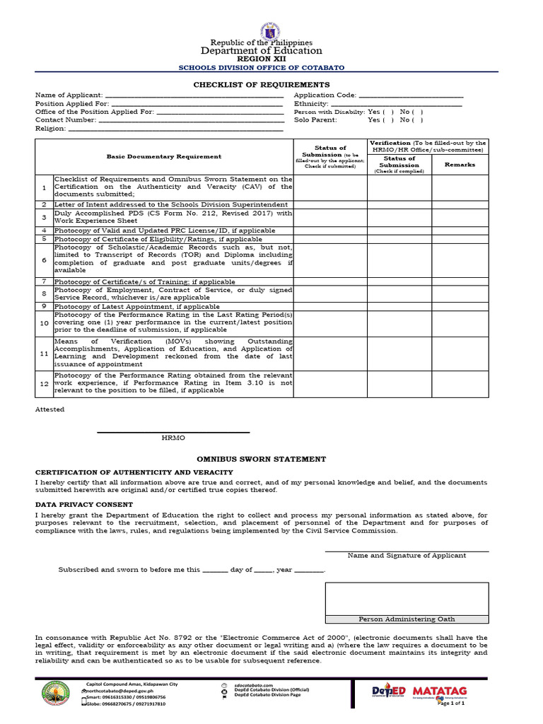 Cotabato DepEd Application Requirements Checklist | PDF | Authentication