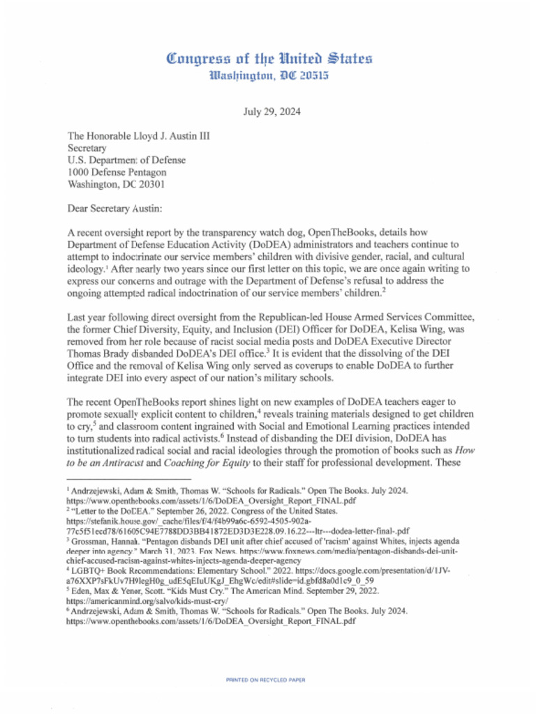 Stefanik, GOP Letter To Lloyd Austin | PDF